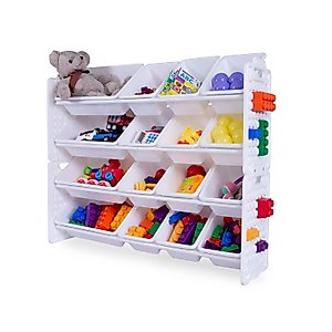 UNiPLAY Toy Organizer with 16 Removable Storage Bins, Multi-Bin Organizer for Books, Building Blocks, School Materials, Toys with Baseplate Board Frame (White)