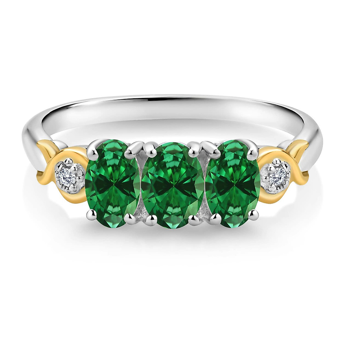 Gem Stone King 925 Silver and 10K Yellow Gold Oval Green Created Emerald and White Lab Grown Diamond Ring For Women (1.07 Cttw, Available In Size 5, 6, 7, 8, 9)