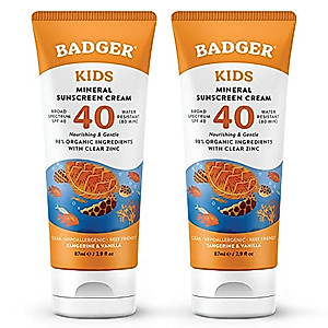 Badger Kids Sunscreen Cream SPF 40, Organic Mineral Sunscreen Kids Face & Body with Zinc Oxide, Reef Friendly, Broad Spectrum, Water Resistant, 2.9 fl oz (2 Pack)