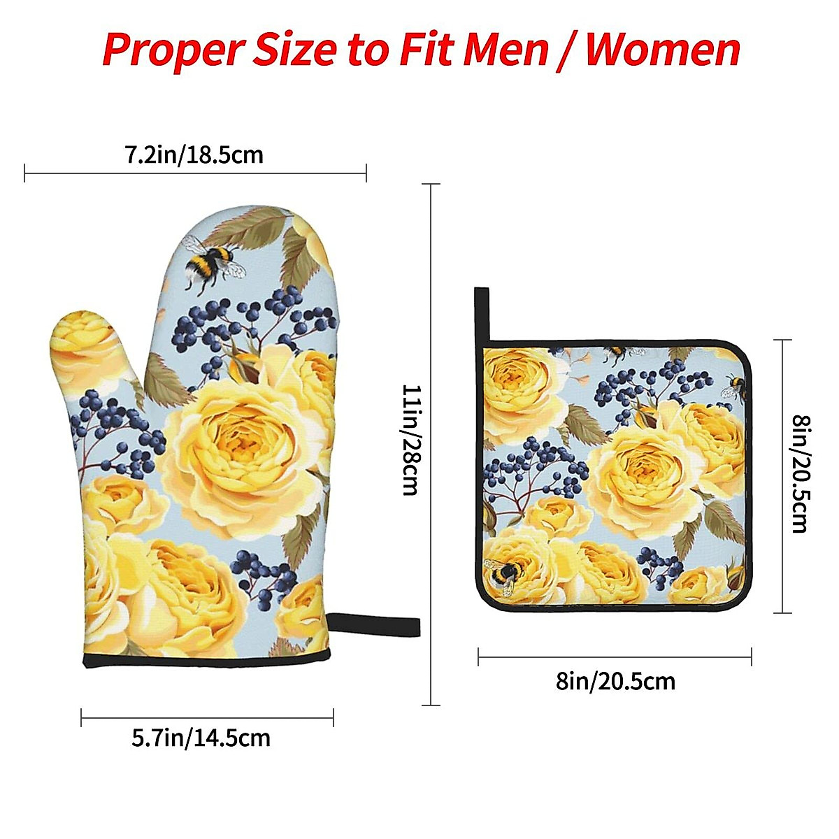 KLATIE Yellow Rose Oven Mitts and Pot Holders Set, Waterproof Heat Resistant Oven Gloves Hot Pads, Oven Mits Potholders for Kitchen Cooking BBQ Baking Grillin, 4-Piece Set