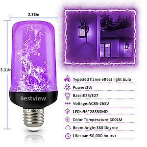 Bestview LED Flame Effect Light Bulbs,4 Modes Smart E26/E27 Base Flickering Fire Light Bulbs for Halloween, Christmas, Party, Porch, Indoor&Outdoor Home Decoration Lighting (Purple 2 Pack)