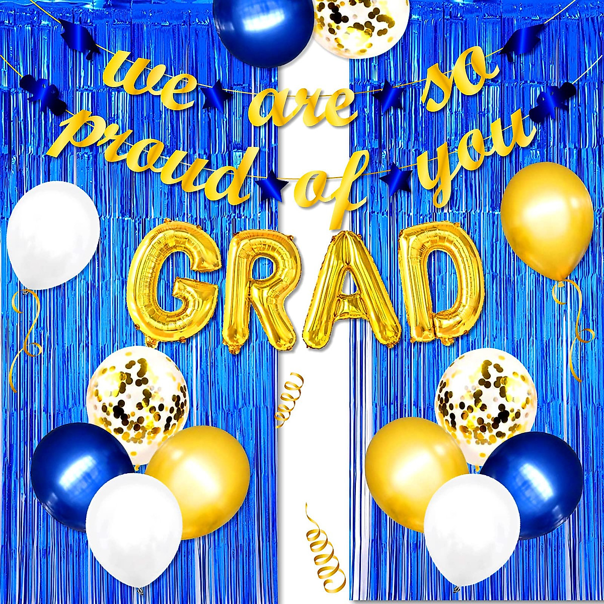 2022 Graduation Party Decorations-Blue and Gold We Are So Proud Of You Banner, Congrats Grad Balloon Foil Curtain Backdrop Party Supplies, Photo Prop for Indoor Outdoor Home High School, College