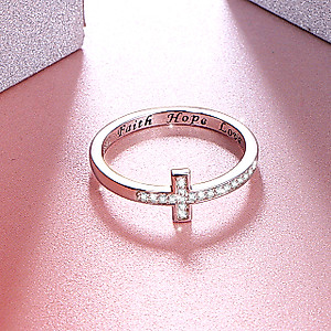DAOCHONG Inspirational Jewelry Sterling Silver Engraved Faith Hope Love CZ Sideway Cross Ring, Size 8