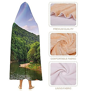 Hooded Blanket Poncho, Nature Wearable Hooded Blanket for Adults, Summer Scene by Mountain Valley with Rainbow Over The, Soft Warm Cozy, 40 x 50inches, Gifts for Women Adults Girls and Kid