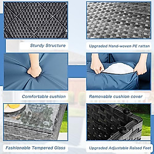 Shintenchi 7 Pieces Outdoor Patio Sectional Sofa Couch, Silver Gray PE Wicker Furniture Conversation Sets with Washable Cushions & Glass Coffee Table for Garden, Poolside, Backyard (Aegean Blue)