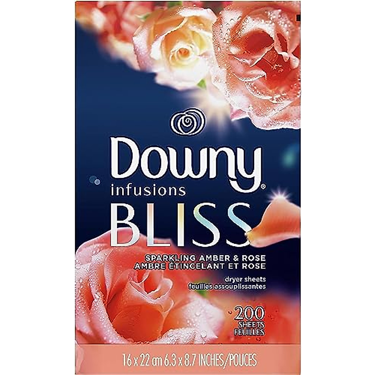 Downy Infusions Dryer Sheets, Laundry Fabric Softener, Bliss, Sparkling Amber & Rose, 200 count.