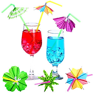200 Pieces Hibiscus Umbrella Straws Coconut Tree Drinks Cocktail Umbrella Straws Summer for Hawaiian Beach Party Luau Tropical Straws Drinks Decorations Handmade Umbrella Party Supplies, Colorful