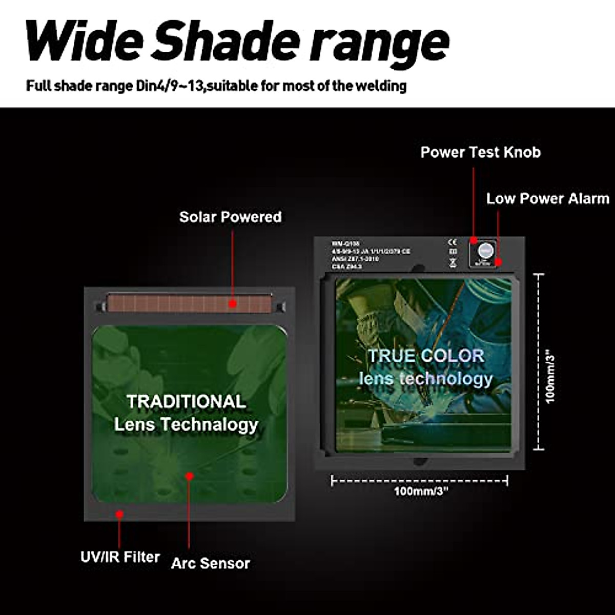 WELDMALL Large Viewing Screen True Color Auto Darkening Welding Helmet 4 Arc Sensor Wide Adjustable Shade DIN 5-9/9-13 for TIG MIG Arc Welder Hood Grinding Welder WM-Q108