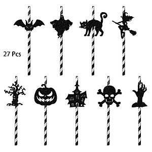 27 Pcs Halloween Paper Straws Pumpkin Bat Skeleton Pattern Black Cat Witch Castle Sticker Insert Straws Disposable Black Paper Drinking Straws Cake topper for Halloween Party Birthday Supplies