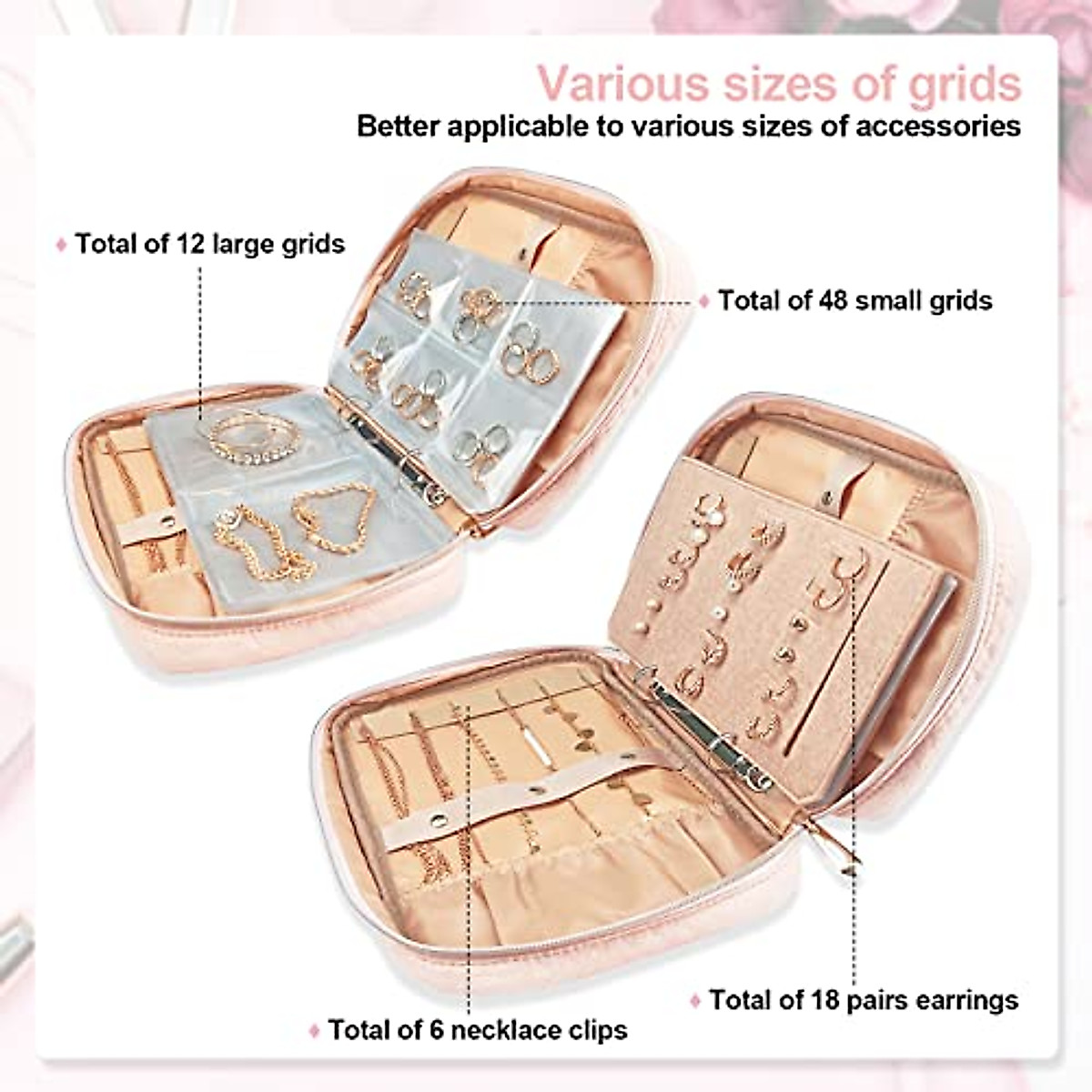 WimuPath Jewelry Travel Organizer Case, Transparent Jewelry Storage Book Ring Binder with Clear Pockets, Zippered Booklet Pouch Bag for Necklaces, Earrings, Rings, Bracelets Accesorries -Pink