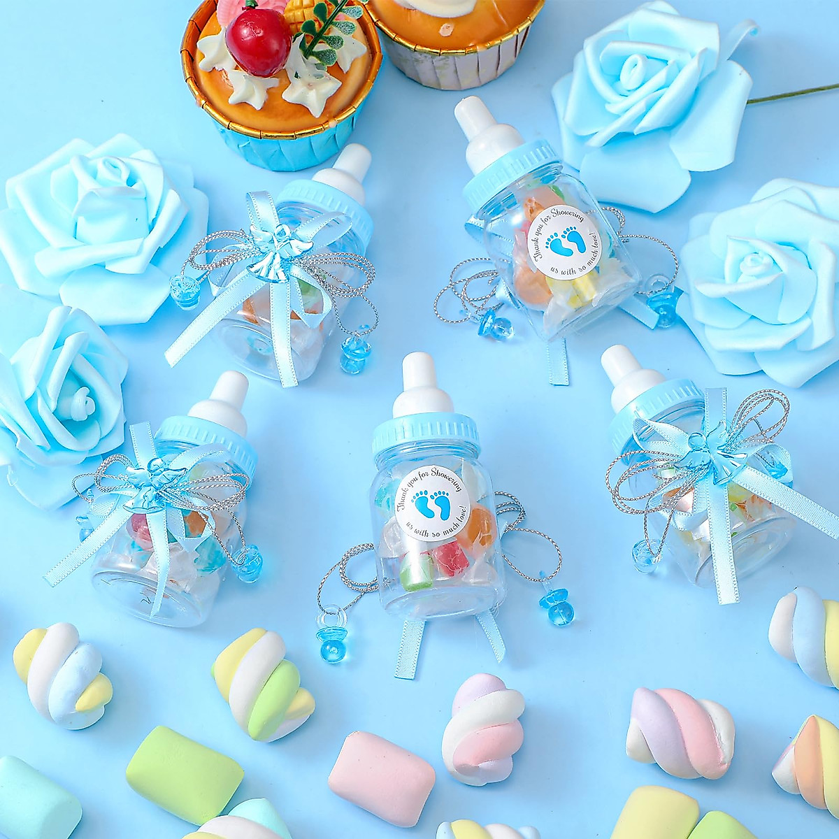 Vesici 61 Pcs Boy Baby Shower Party Favors Set, 48 Plastic Mini Angel Baby Bottles with 1 Roll Thanks Sticker 12 Artificial Roses for Newborn Baptism Baby Shower Party Decorations Gift for Guests
