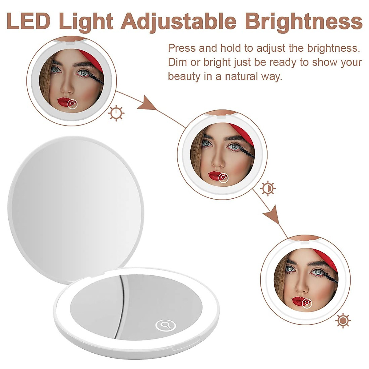 Kilobey Compact Mirror with Light, LED Lighted Travel Makeup Mirror 1x/10x Magnifying Mirror Rechargeable Portable Pocket Mirror 3.5in Double Sided Folding Round Mirror for Handbag, Purse