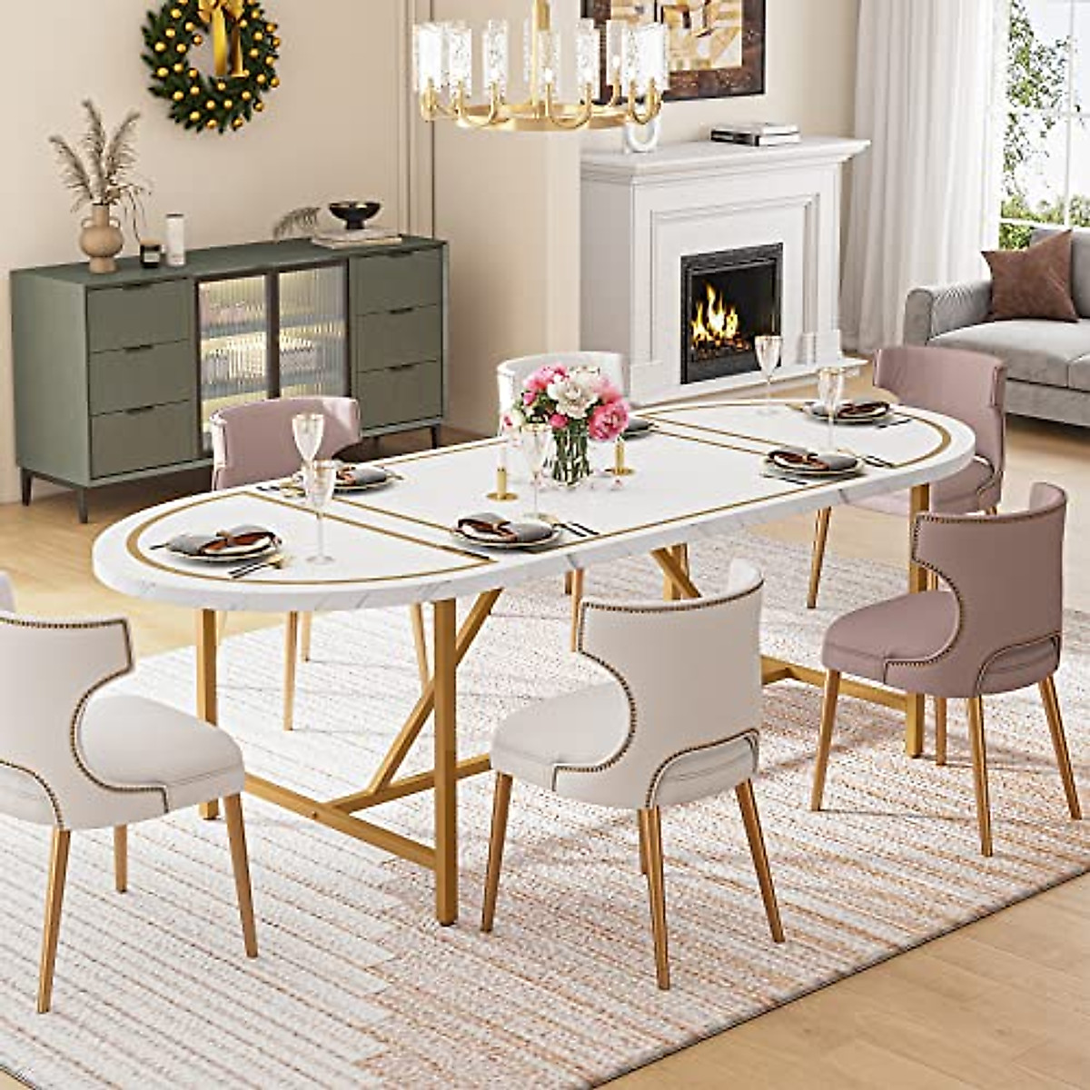 Tribesigns Modern Dining Table for 6 People, Gold White Oval Dining Room Table with Gold Metal Frame, 70.8 Inch Kitchen Tables for Home Kitchen Dining Room