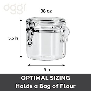 OGGI Clear Canister Airtight 38oz - Clamp Lid & Spoon - Airtight Food Storage Containers, Ideal for Kitchen & Pantry Storage of Bulk, Dry Food Including Flour, Sugar, Coffee, Rice, Tea, Spices & Herbs