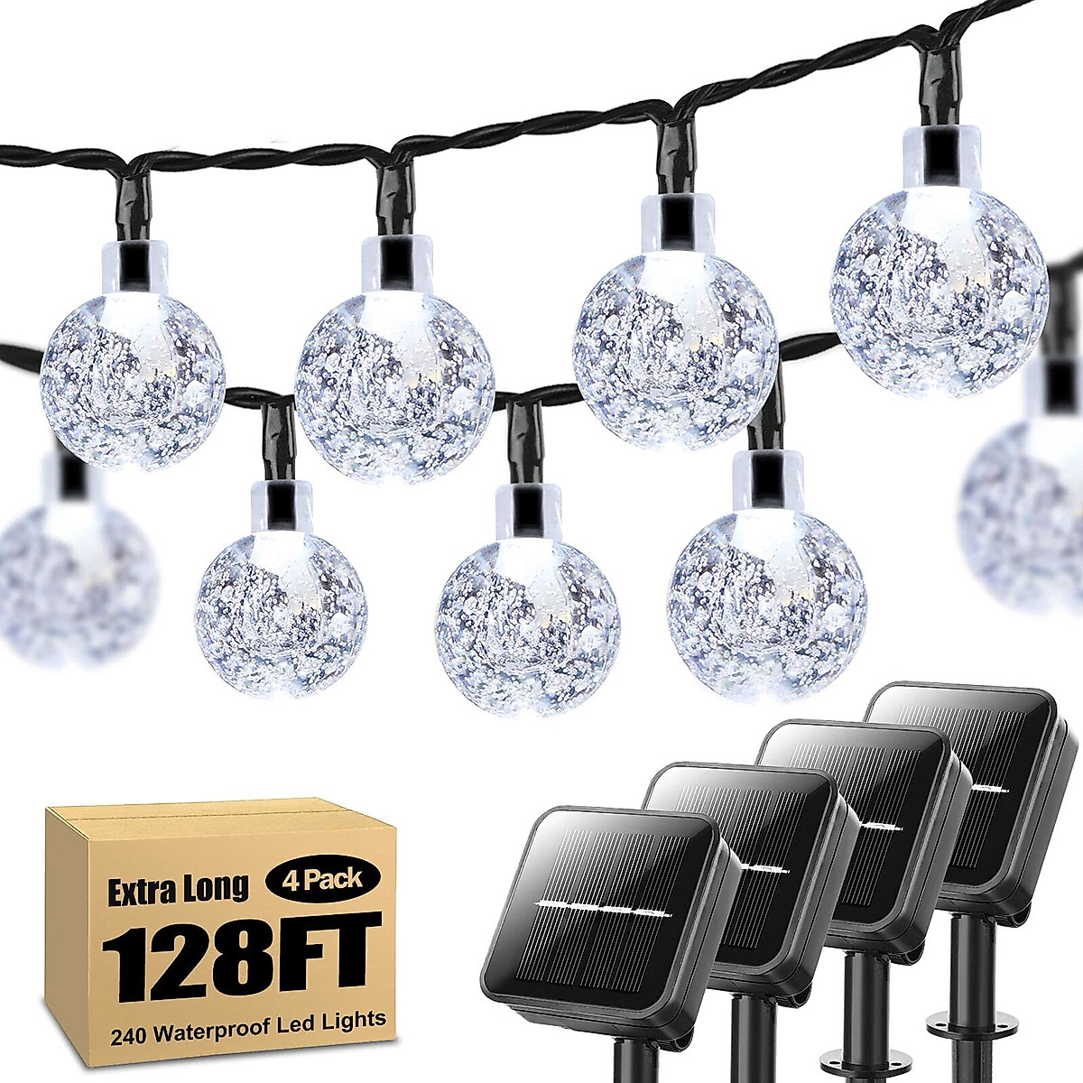 4-Pack 128FT 240 LED Solar String Lights Outdoor, Waterproof Crystal Globe Fairy Light Strings, Daylight White Shatterproof Patio Lights, 8 Lighting Modes Hanging String Lights for Porch Garden Party