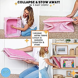 Foldable Big Toy Chest for Boys & Girls - Stylish Oxford Cloth Bedroom Play Room Organization Collapsible Storage Box with Side Pocket & Window - Versatile Kids Toy Bin - Pink, 19.7" x 15.7" x 13.0"