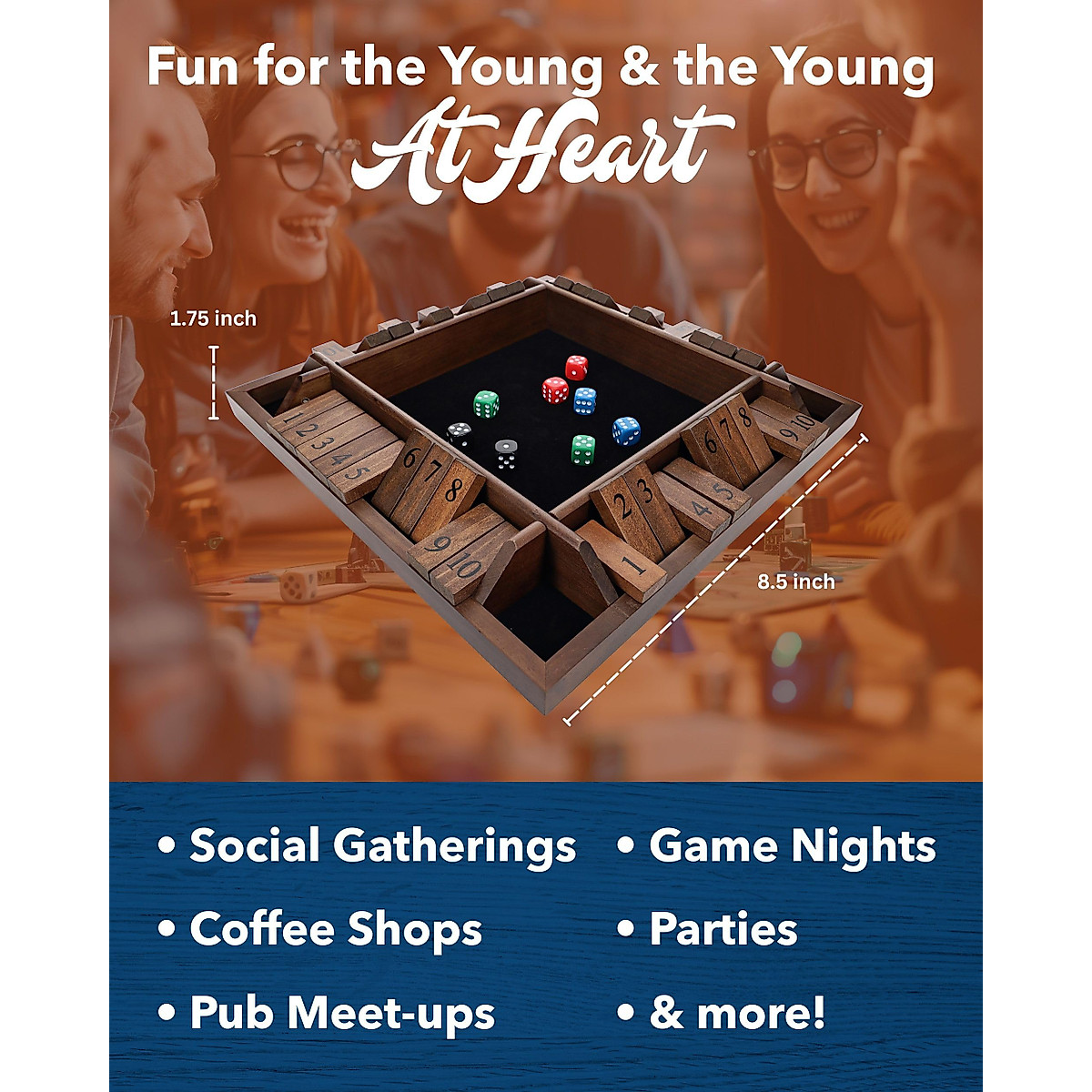 WE Games Shut The Box Wooden Board Game - Classic 4 Player Table Top Math Dice Game, Walnut Stained Wood, 8.5 inch Travel Size, 10 Numbers, for Families and Adults