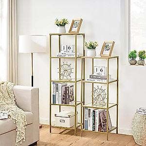 Homhedy 5-Tier Bookshelf,Metal Bookcase,Tempered Glass Shelves,Storage Rack Shelf for Home Office ,Living Room,Bedroom, Bathroom,Modern Style,Golden