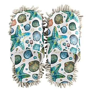 Watercolor Seashells Starfish Mop Slippers Shoes Cover for Floor Cleaning Washable Dust Hair Dirty Cleaners Microfiber Mop Socks for Office House Kitchen