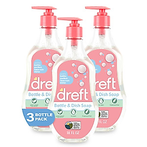 DREFT Bottle and Dish Soap | Made to Clean Baby Bottles, Sippy Cups, Pacifiers, Breast Pumps, & More | Gently Removes Milk Film & Odors | Plant Based, Fragrance Free Dish Soap | 18 Fl Oz (Pack of 3)