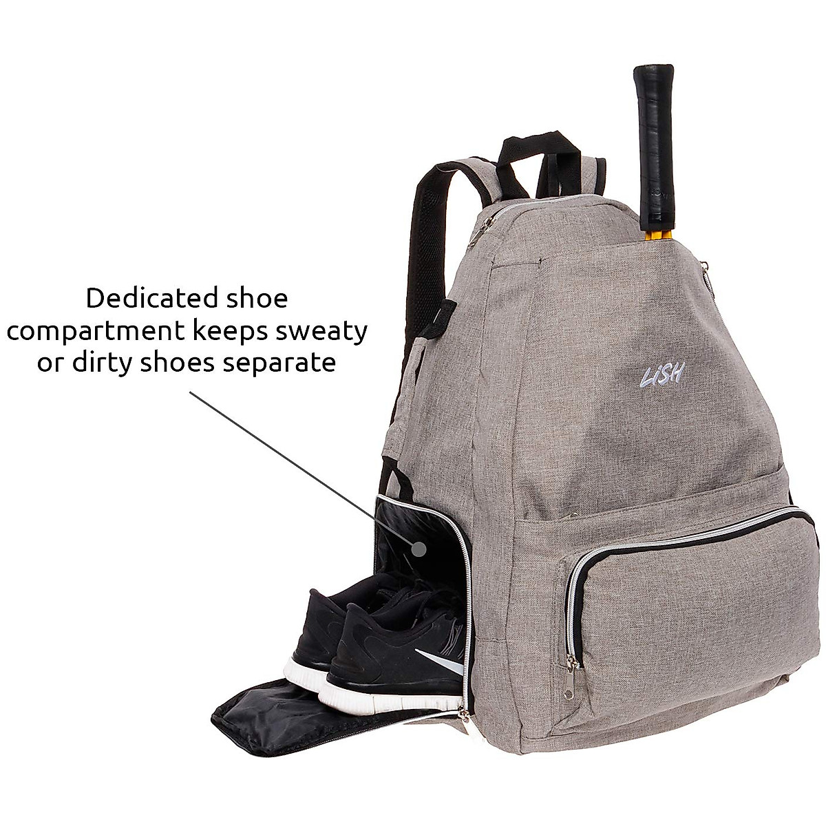 LISH Game Point Tennis Backpack w/Shoe Compartment - Racket Holder Equipment Bag for Tennis, Racquetball, Squash (Grey)