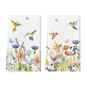 Artoid Mode Anemone Flower Hummingbird Kitchen Towels Dish Towels, 18x26 Inch Seasonal Spring Summer Wild Floral Holiday Decoration Hand Towels Set of 2