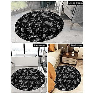 Christmas Flower Fluffy Round Area Rug Carpets 3.3ft, Plush Shaggy Carpet Soft Circular Rugs, Non-Slip Fuzzy Accent Floor Mat for Living Room Bedroom Nursery Decor Black White Pine Tree Leaves Cone