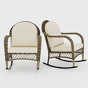 BALDPER 3 Pieces Patio Conversation Set, Lounge Rocking Chair with Cushion & Coffee Table, Wicker Bistro Set, Outdoor Furniture Set for Porch, Deck, Backyard, or Poolside, Beige