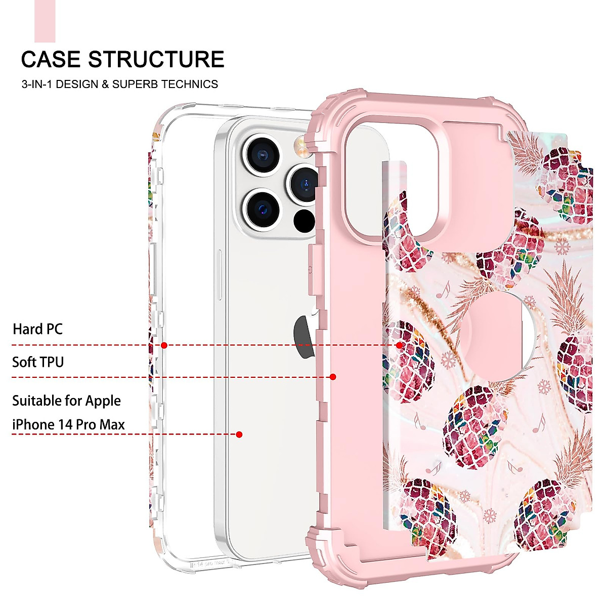 LONTECT for iPhone 14 Pro Max Case Shockproof 3 in 1 Heavy Duty Rugged Durable Protective Cover Hard Plastic Bumper +Soft Silicone Rubber Case for iPhone 14 Pro Max,Pineapple/Rose Gold
