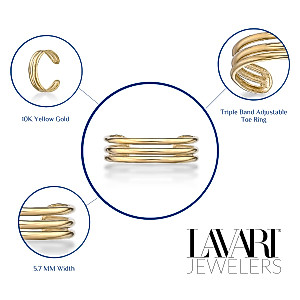 Lavari Jewelers Triple Row Adjustable Band Open Toe Ring for Women I 10k Yellow Gold Toe Ring for Her I One Size Fits Most Toes I 5.7 mm Wide Body Jewelry
