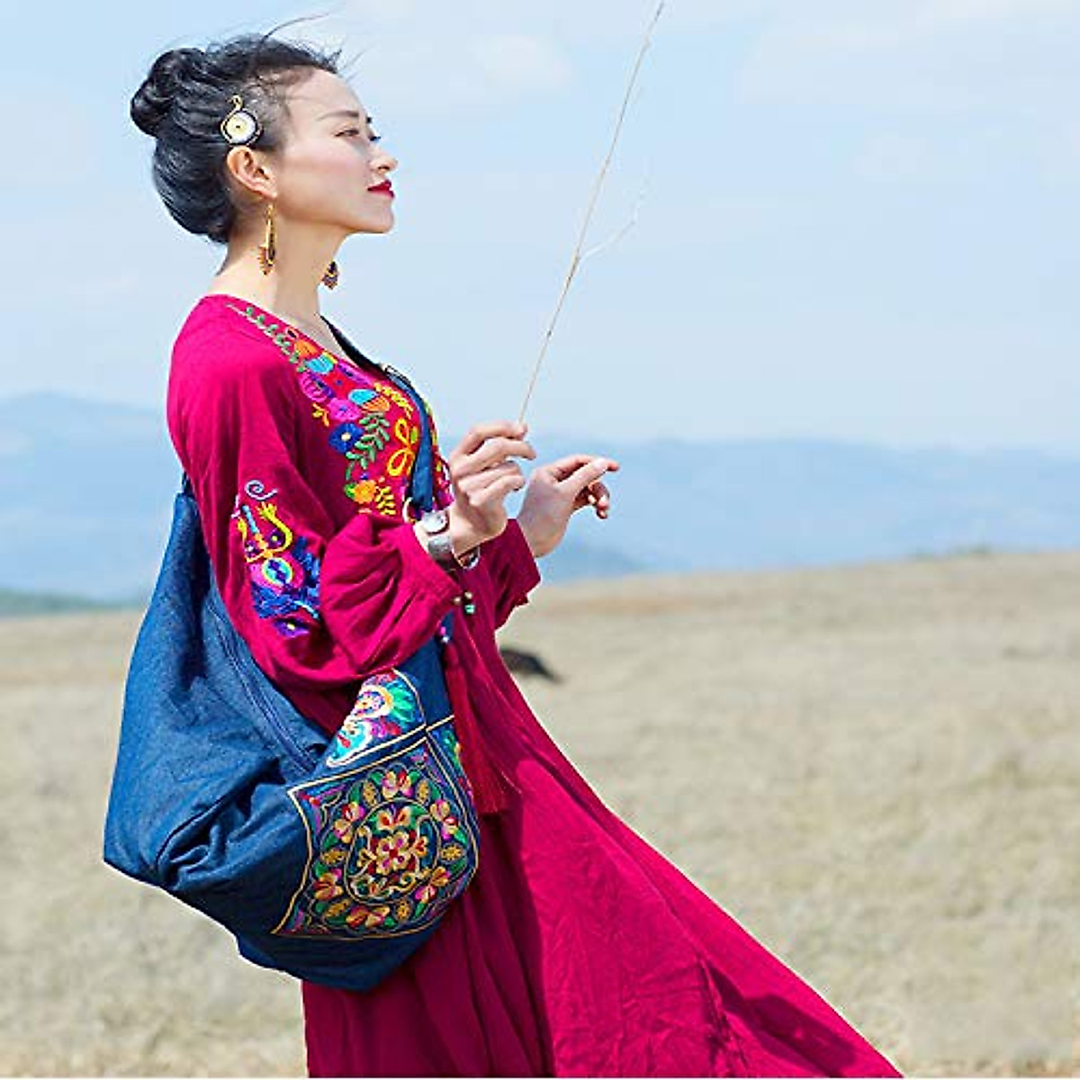 Women Crossbody Bag Fashion Hobo Shoulder Bags Casual Cross Body Denim Handmade Sling Bags,Heavy Embroidery Messenger Bag