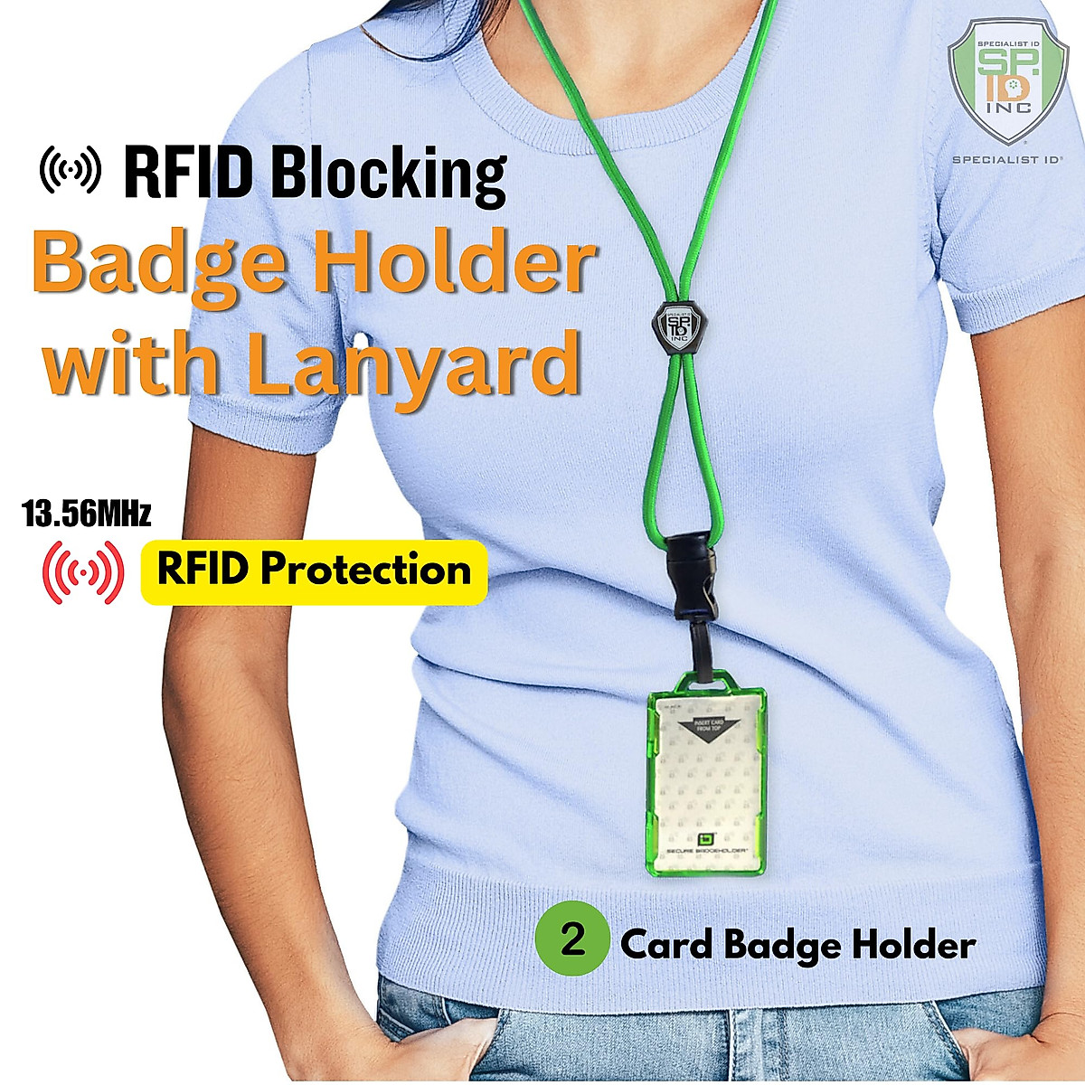 Specialist ID Detachable Lanyard and Identity Stronghold 2-Card RFID Blocking Badge Holder - 2 Sided/Blocks 13.56MHz Signal - Double Sided - Secure CAC PIV TWIC Card Holder (Black)