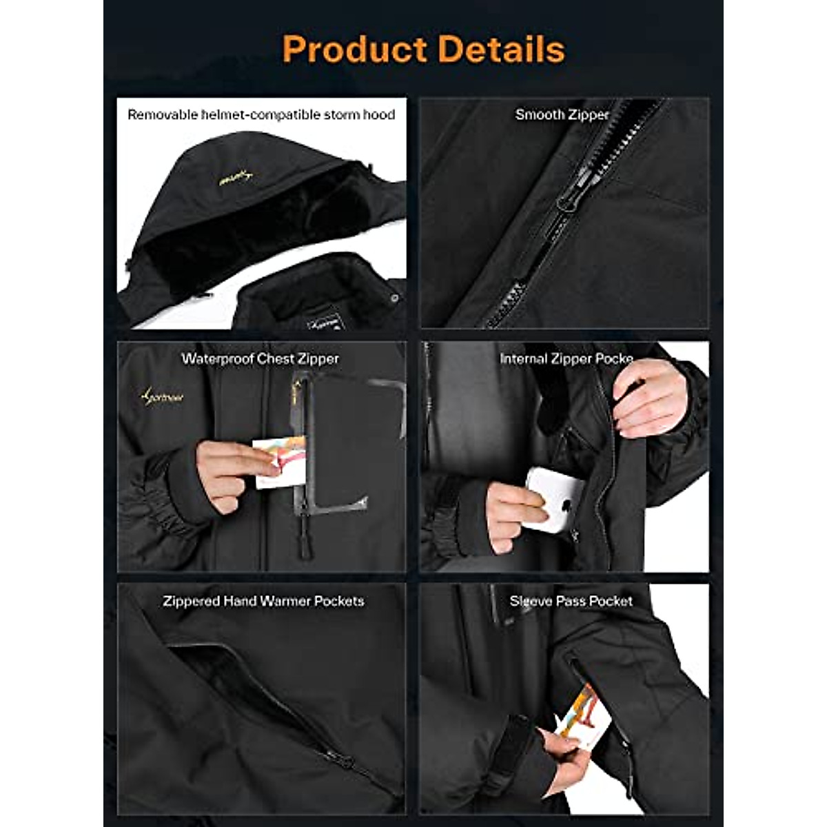 Sportneer Men Waterproof Ski Jackets: Winter Spring Warm Snow Coats Windbreaker Hooded Raincoat Jacket Black L