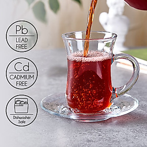 Volarium Small Turkish Tea Set 12 Piece Modern Turkish Tea Glasses & Saucers Set, 6 PCs 4.9 oz (145 cc) Clear Glass Tea Cups with Handle and 6PCs Glass Saucers