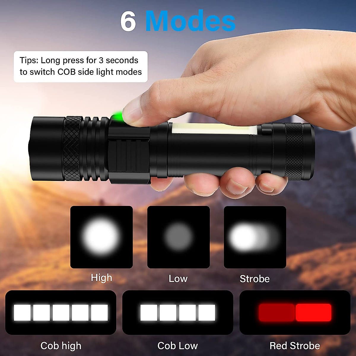 Vnina USB Rechargeable Flashlight, LED Magnetic Flashlights Super Bright Tactical Flashlights with Cob Sidelight Waterproof Zoomable 6 Modes USB Rechargeable for Camping Emergency
