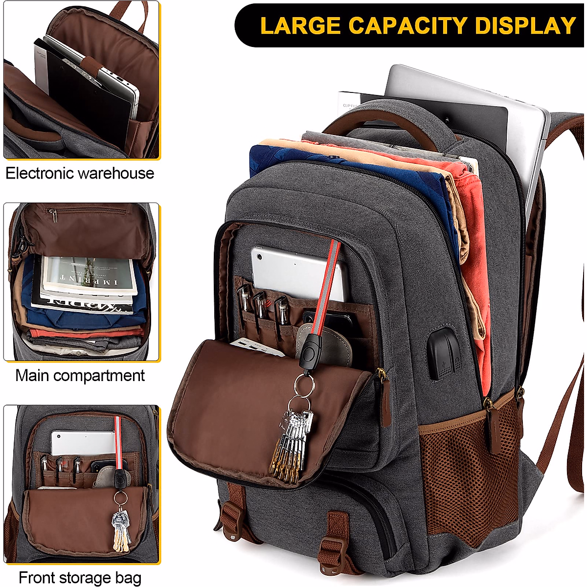 Tzowla Canvas Laptop Backpack, Bag for Men Women,School Travel College Work Rucksack Fits 15.6 Inch Laptop, Bookbag with USB Charging Port