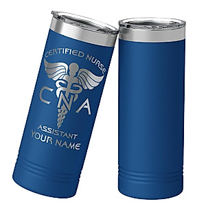 Personalized CNA Certified Nurse Assistant Gift on Blue 22 oz Stainless Steel Skinny Tumbler Custom Engraved Gifts for Men and Women