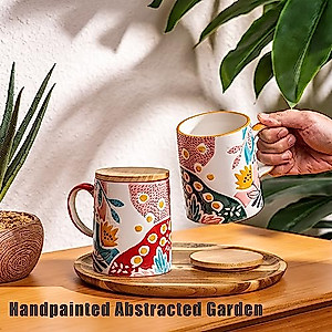 Taimei Teatime Ceramic Coffee Mug with Lid, Mug Set of 2, 17.6oz Coffee Mug with Handle, Large Mug for Coffee Latte, Tea, Handpainted Floral Mugs for Women, Dishwasher Safe and Microwaveable