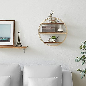 TFER Floating Shelves Wall Mounted Hanging Shelf Hexagon Rustic Farmhouse Shelves for Wall Decor,Storage | Metal Bracket and Reclaimed Natural Wood Shelf for Living Room,Bedroom,Bathroom(Gold)