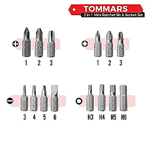 TOMMARS 58-Pc 1/4" Mini Ratchet Wrench Socket & Screwdriver Bits Set, Low Profile, 45 Teeth Gear, S2 and CR-V, 58PCS