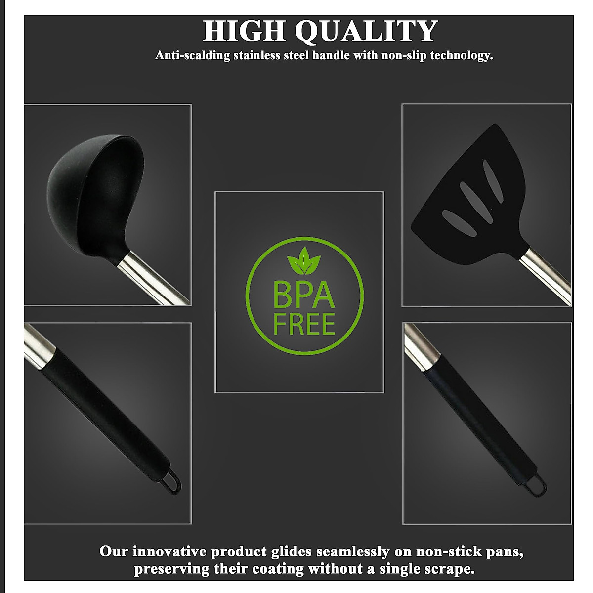 15 Pieces Silicone Kitchen Utensil Set with Holder | Non Slip Stainless Steel Cooking Tool |Spatulas, Spoon, Ladle, Pasta Server, Turner, Tongs, Whisk & More | Heat Resistant 446°F | BPA Free (Black)