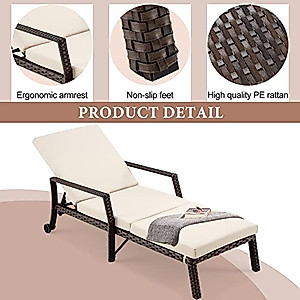 UPHYB Chaise Lounge Chair for Outside, Rattan Wicker Outdoor Lounge Chair, Adjustable Pool Lounge Chair with 2 Wheels & Thickened Cushion for Patio Poolside Deck (Khaki)