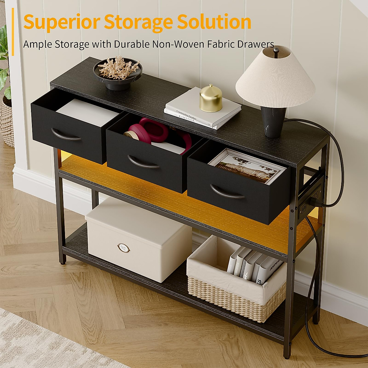 TIQLAB 39.5 inch Entryway Table with Power Outlets, Console Table with 3 Drawers and 2-Tier Shelves, Sofa Table, Entry Table for Hallway, Foyer, Living Room, Black