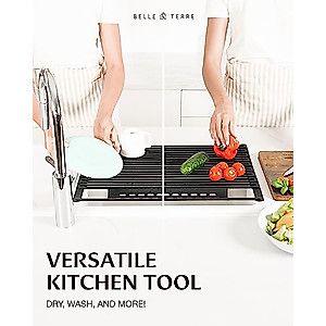 Large Dish Drying Rack for Kitchen Sink - Over Sink Dish Drying Rack to Dry Dishes & Drain Items - Modern & Stylish Dish Rack Set with Extra Side Tray - Space-Saving Roll-Up Counter Drainboard - Black