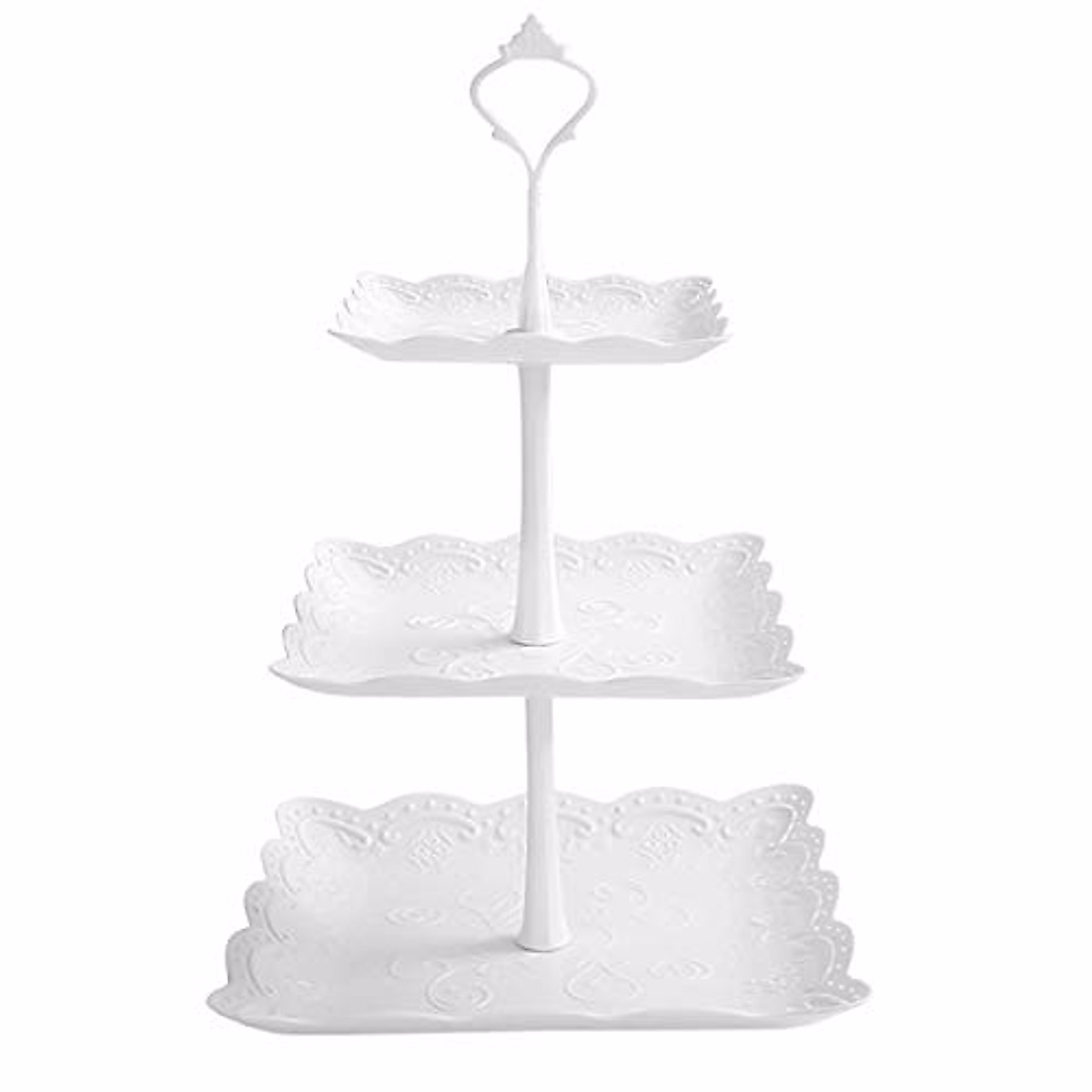 Doryum Three Tiers White Cake Display Stand with Fittings, Plastic Square Cake Stand Display Fruit Plate, Dessert Stand, Cupcake Stand Party Serving Platter Stand for Birthday Weeding Party