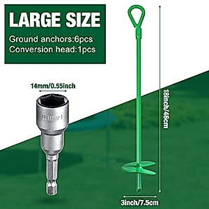 Tondiamo 18 Inch Long Ground Anchor Kit, 3 Inch Wide Helix, Heavy Duty Earth Augers Solid Steel Shaft with Drill Bit for Tents, Swing Sets, Securing Animals, Canopies, Sheds(Green, 6 Pcs)