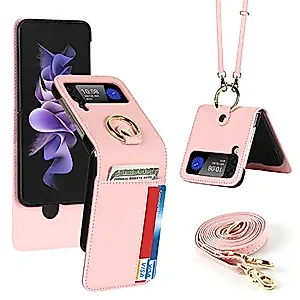SailorTech Wallet Case for Samsung Galaxy Z Flip 4 5G 2022 Crossbody Lanyard Cases with Ring 4 Card Slots Lanyard, Ultra Slim PU Leather Back Cover Phone Cases for Women Pink