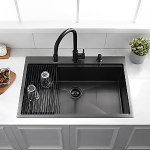 33 Drop In Black Workstation Kitchen Sink, Luckyhorse 33x22 16 Gauge Gunmetal Black Stainless Steel Sink Drop In Workstation Kitchen Sink LH007SB