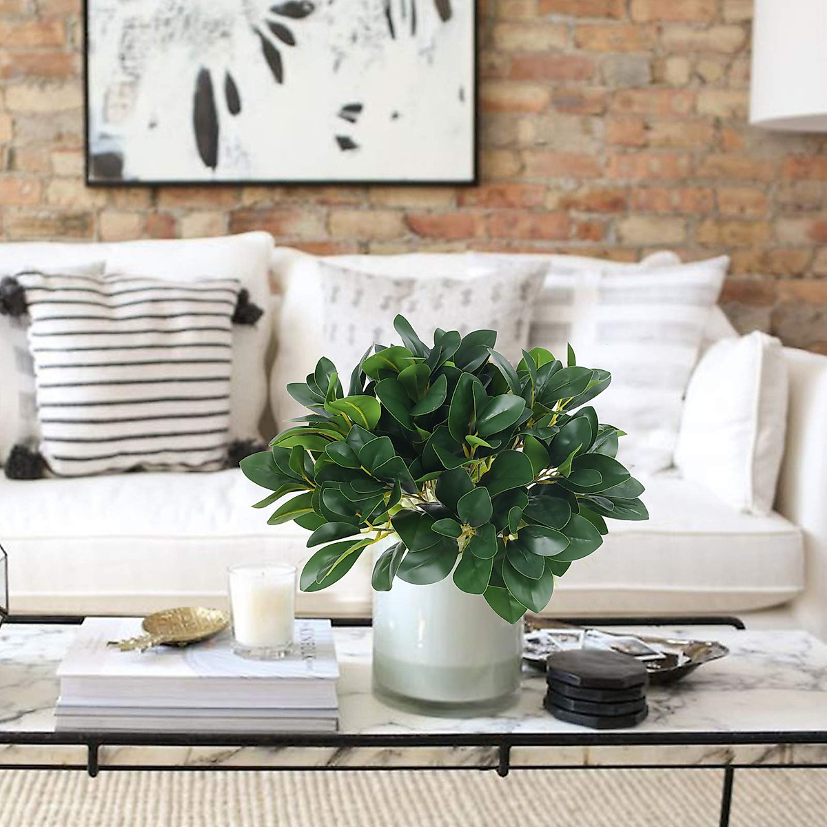 HO2NLE 4Pcs Artificial Shrubs Plants Fake Eucalyptus Leaves Stems Faux Greenery Branches for Garden Window Box Home Wedding Courtyard Outdoor Office Kitchen Decoration