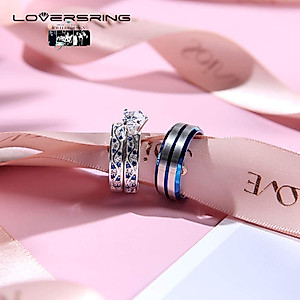 LOVERSRING Two Rings Wedding Ring Sets His and Hers Promise Ring Couples Bridal Sets Women 925 Sterling Silver Heart Cz Man Brushed Finished Tungsten Carbide Wedding Bands